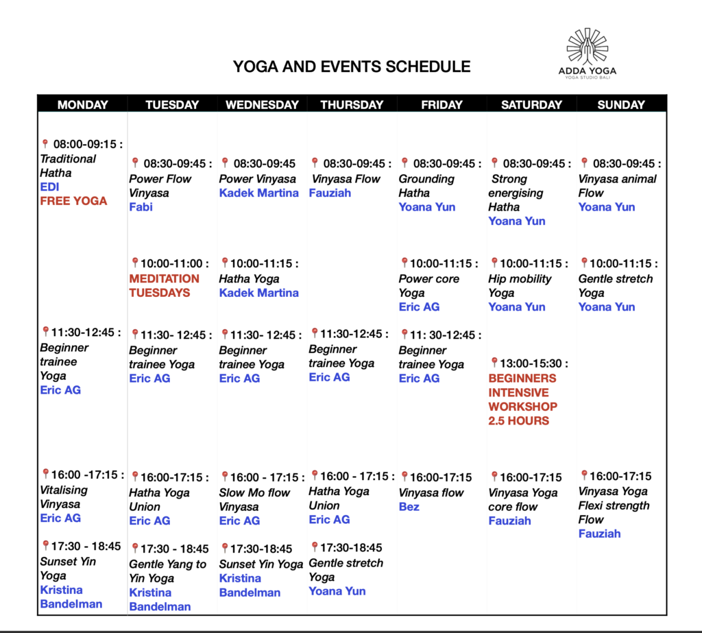 Yoga Schedule Canggu, Bali | Yoga Classes Schedule
